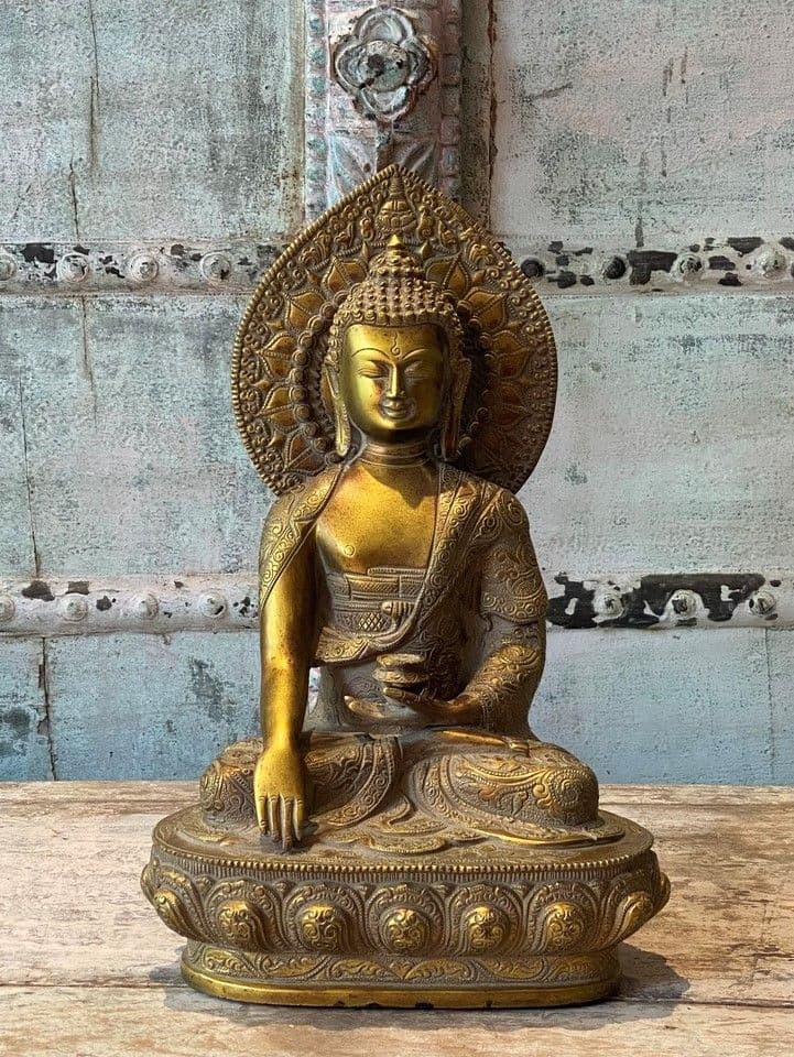 Golden Buddha with Aura in Bhumisparsha Mudra Enlightenment Pose