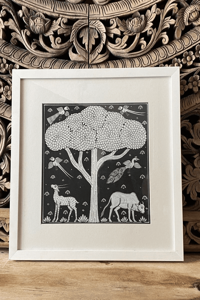 Patachitra Water Colour with Tree of Life and Animals - Blue
