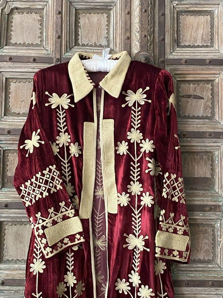 Silk embroidered velvet coat claret