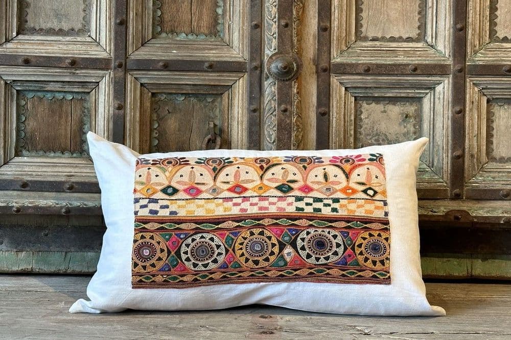 Vintage Linen Cushion with Antique Embroidery