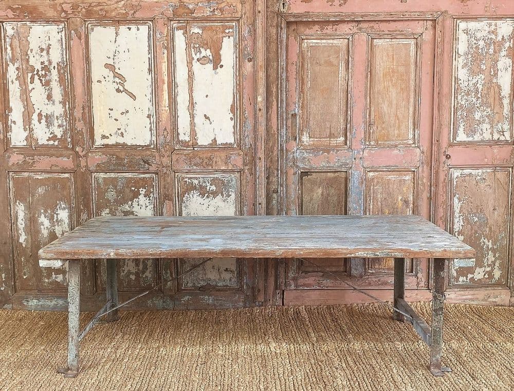 Vintage Teak Wood Table with Iron Legs & faded paint tones Gujarat
