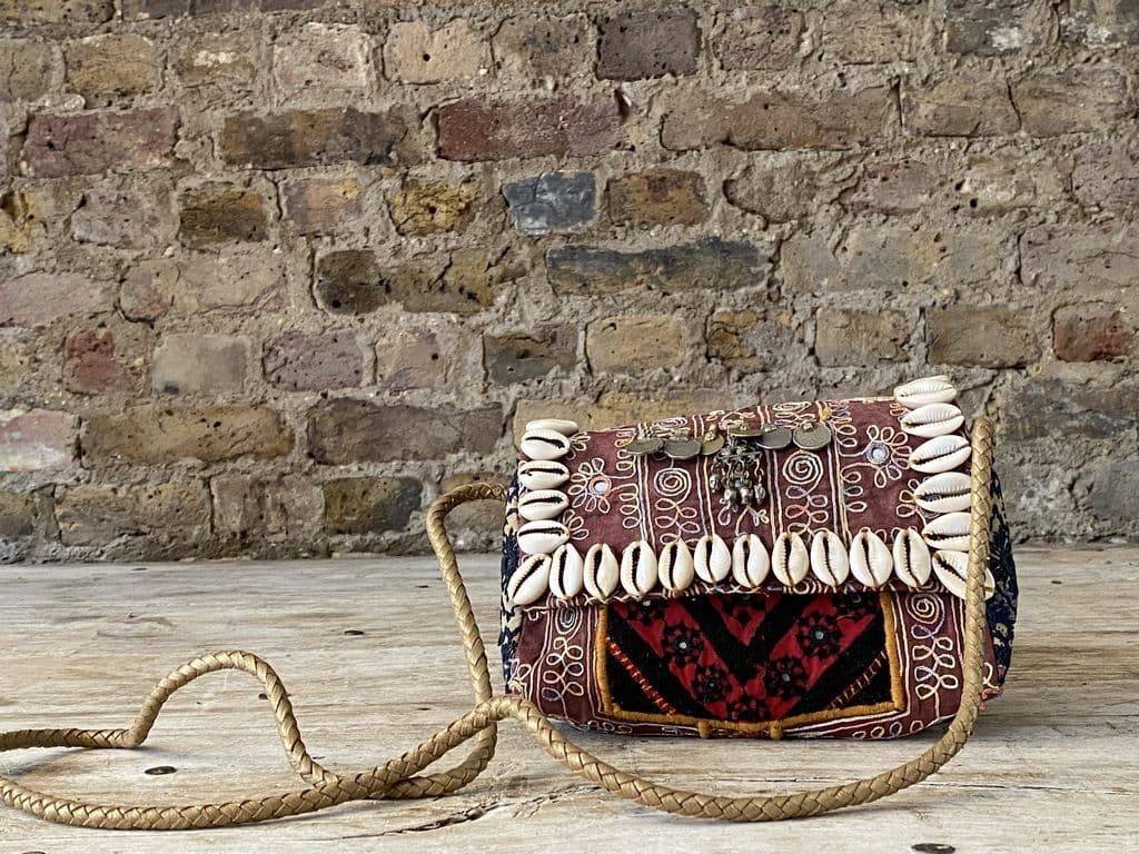 vintage textiles bag with shells