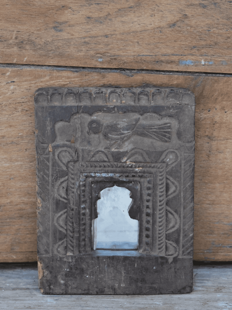 Vintage Tribal Shrine Mirror with peacock carving Karnataka