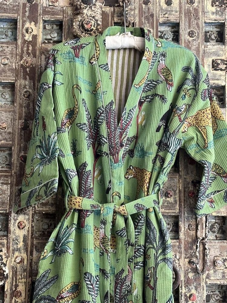 waffle design hand block printed dressing gown