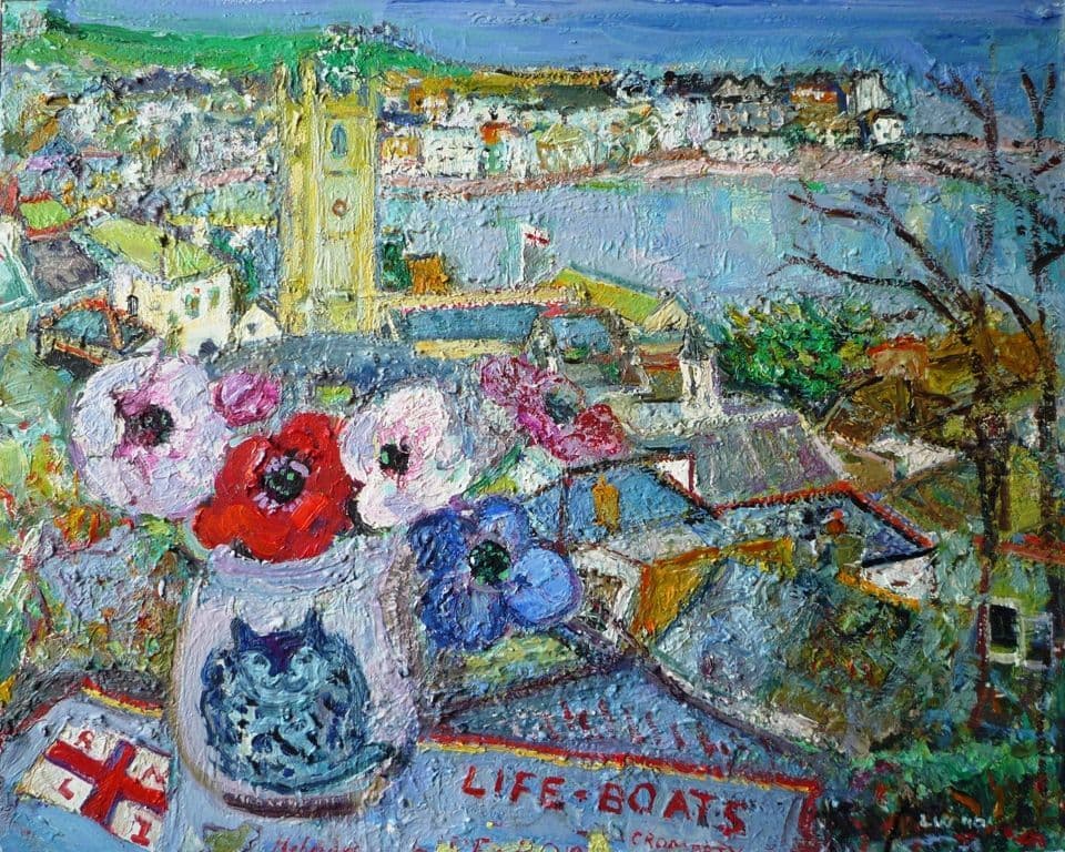 Linda Weir Anemones and Lifeboat Tea Towel oil painting
