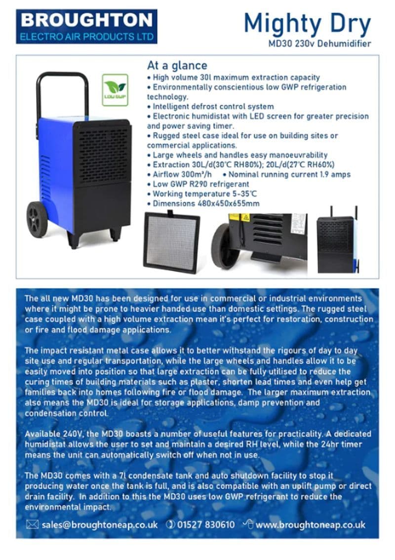 Broughton Mighty Dry MD30 Industrial Commercial Dehumidifier 30 Litre/day 240V 50Hz