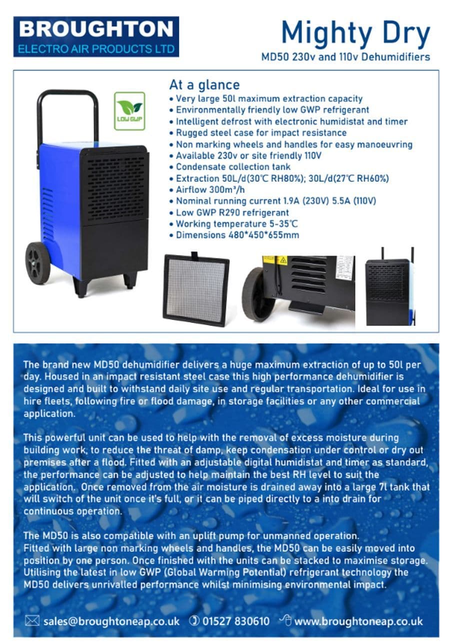Broughton Mighty Dry MD50-110 Industrial Commercial Dehumidifier 50 Litre/day 230v/ 110V 50Hz