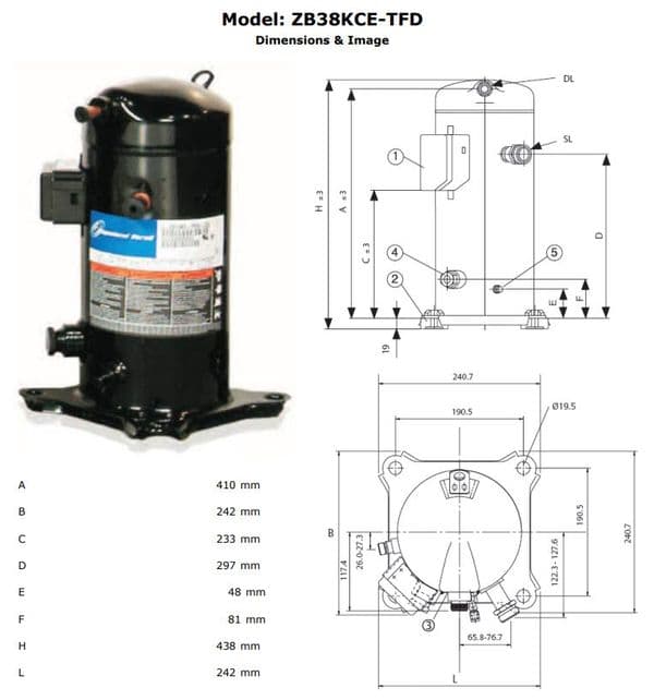 Copeland ZB38KCE-TF5-551 R404a R134a R407c R404a R410a Rota-Lock Scroll ...