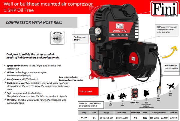Fini Genius PRO Wall Mounted Air Compressor With 9m Hose Real 1.1KW 8 ...