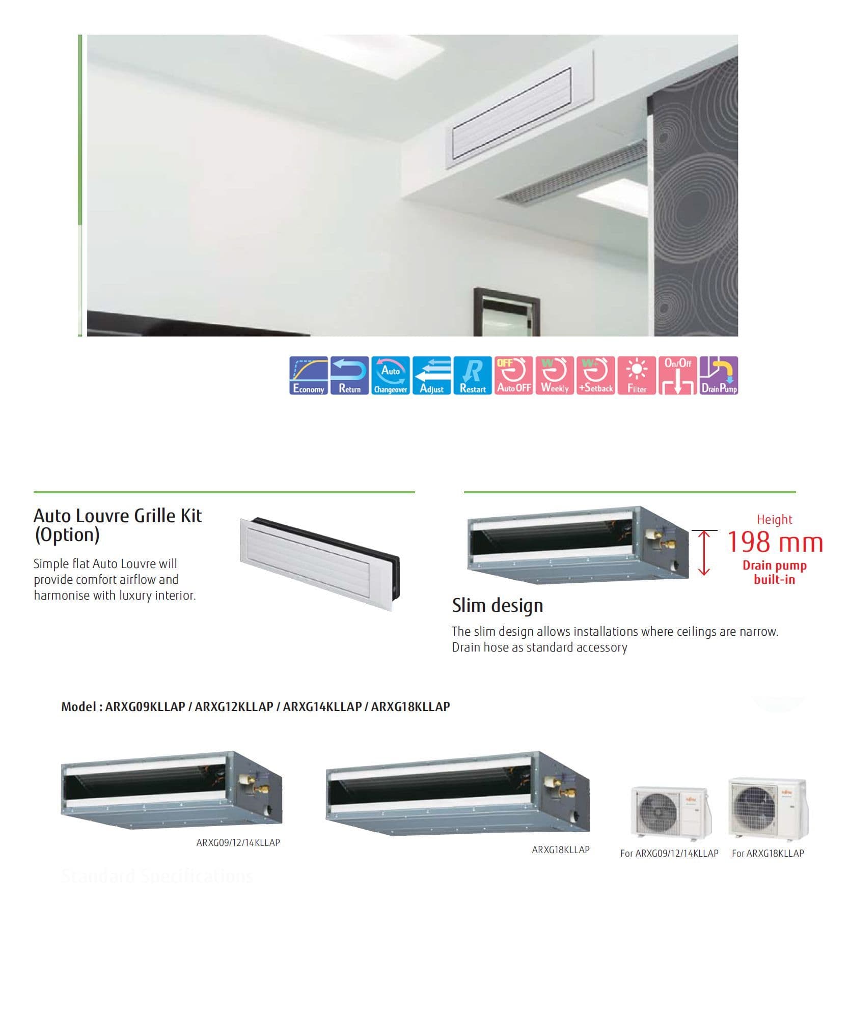 Fujitsu Air Conditioning ARXG18KLLAP Slim Duct Heat Pump R32 A 5Kw/18000Btu