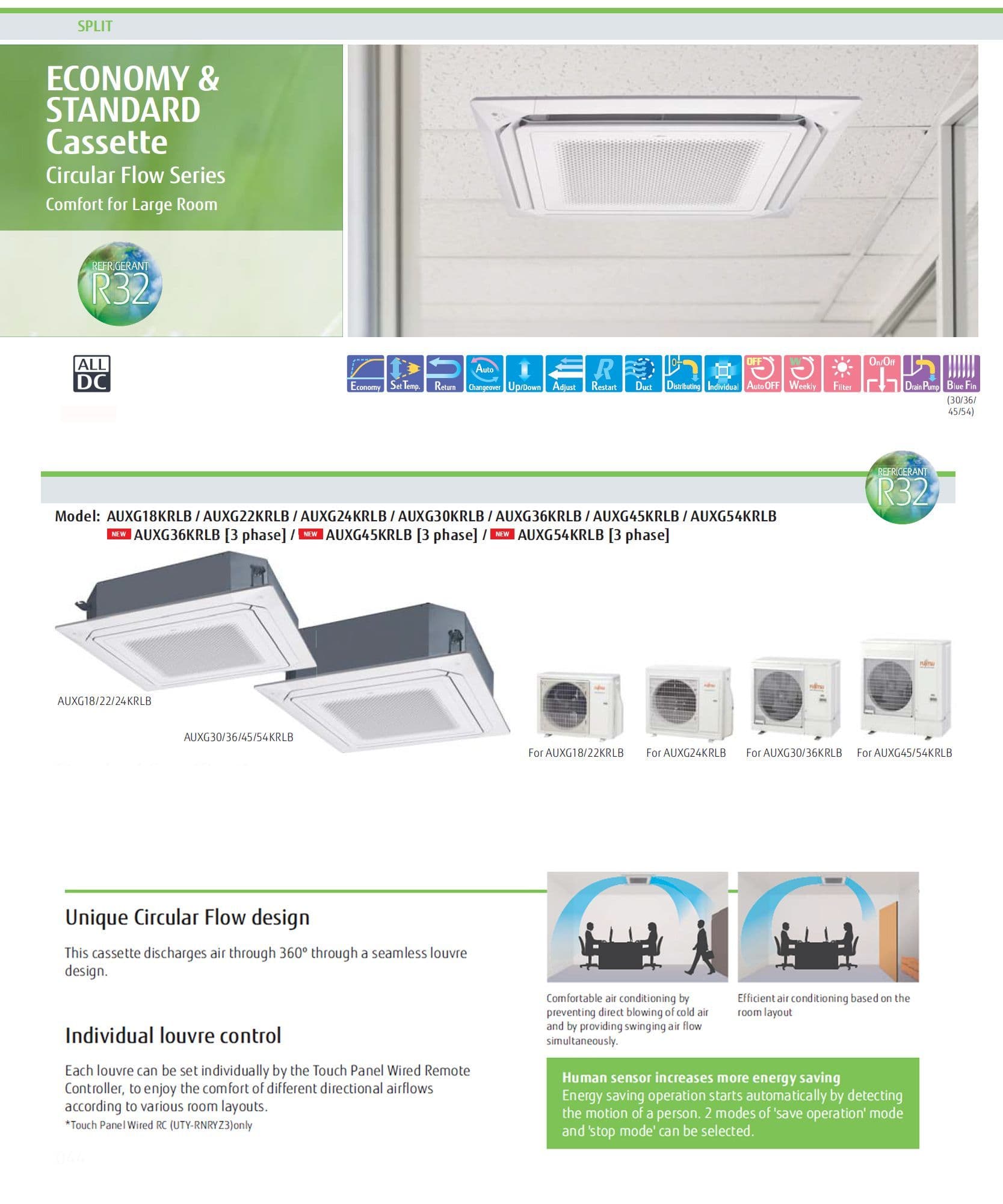 Fujitsu Air Conditioning AUXG18KRLB Circular Flow Cassette Heat pump ...