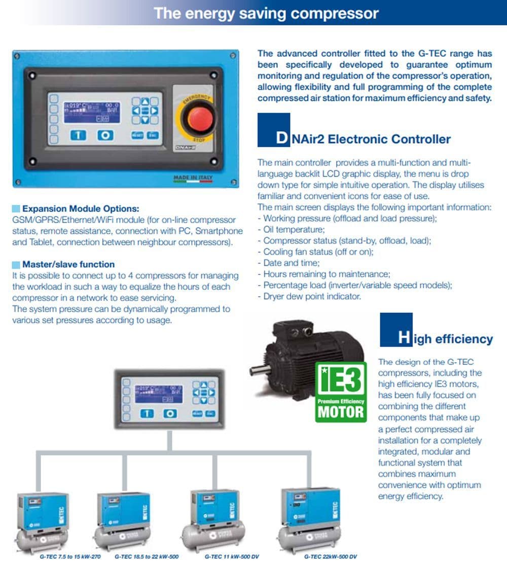 G-TEC 11-8 270 DF Screw Air Compressor Receiver Dryer Dual Filtration ...