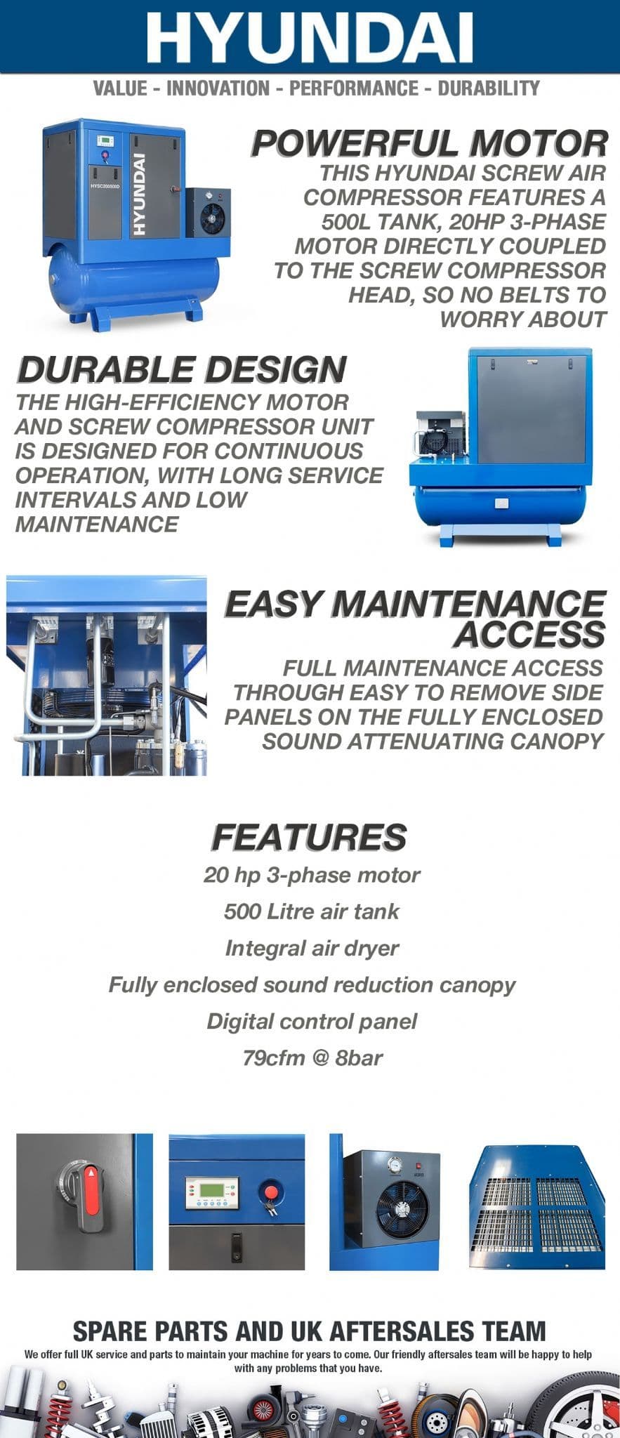 Hyundai Digital 500L Tank Screw Air Compressor HYSC200500D Sound ...