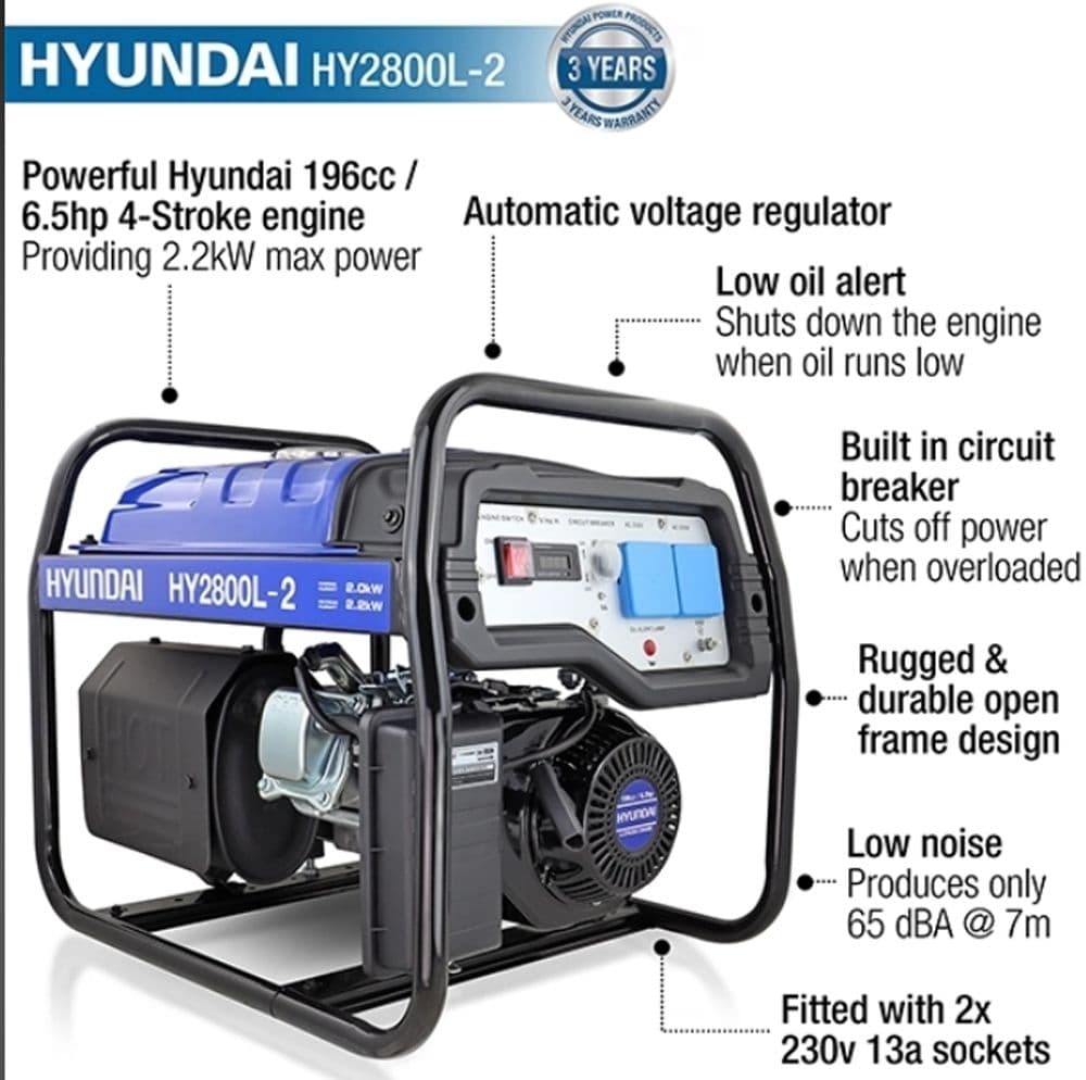 Hyundai HY2800L-2 2 2kW / 2 75kVa Recoil Start Site Petrol Generator 2x ...