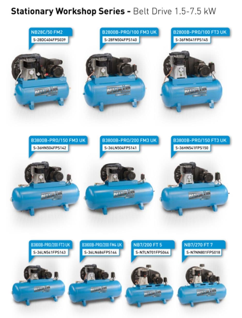 NuAir S-N5LN701FPS017 NB5/200 FT 4kW 5 5Hp 10 Bar 200Lt Workshop Air Compressor 145PSI 415V 50Hz