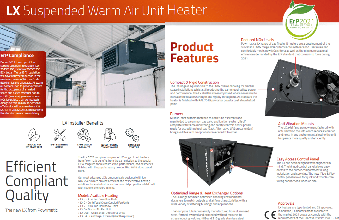 Powrmatic LX90 ErP Suspended Warm Air Unit Heater NG & LPG Fired Options 90Kw/306000Btu 240V 50Hz
