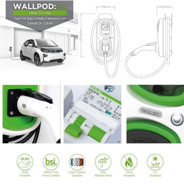 Rolec EVWP2140 Type 2 WallPod EV Charging Unit With 5M Tethered Lead ...