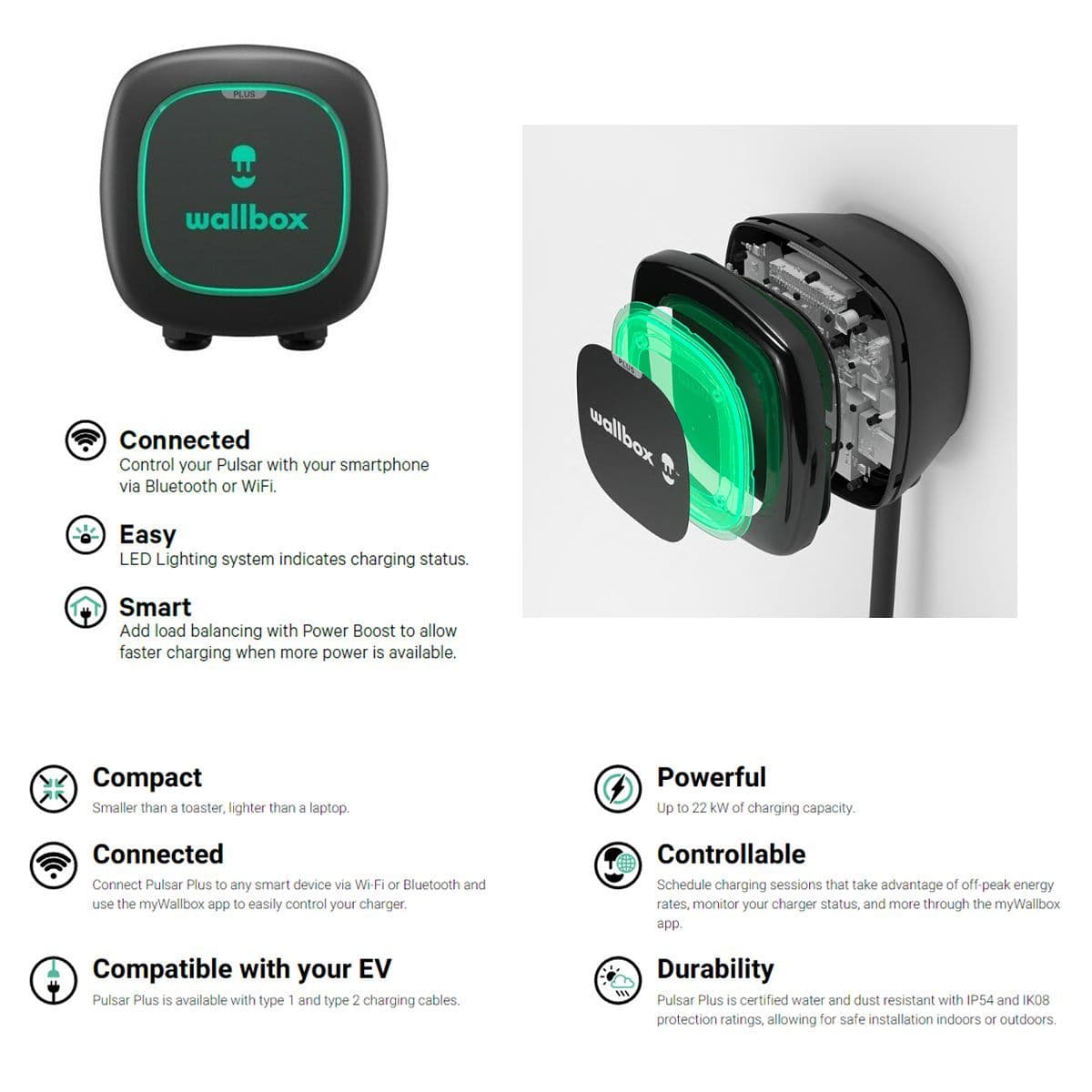Wallbox PULSAR PLUS EV Charger Tethered Type 2 wi-fi Bluetooth 7 4kW 1 ...