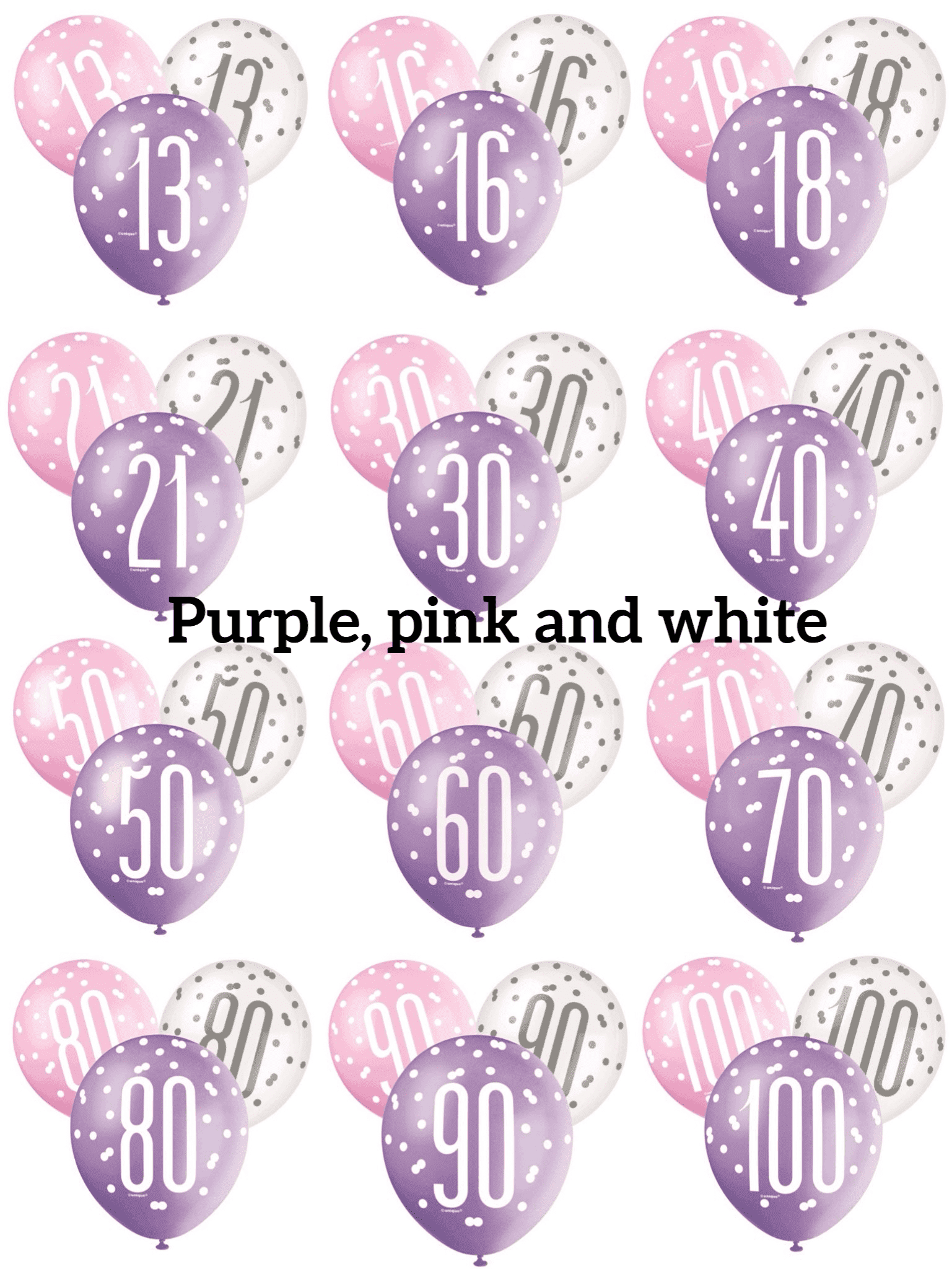 Cluster of Five Glitz Range Printed Age / Plain Latex Balloons Choose ...