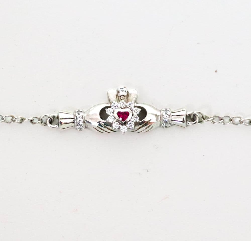 Sterling Silver Claddagh Bracelet With Ruby CZ