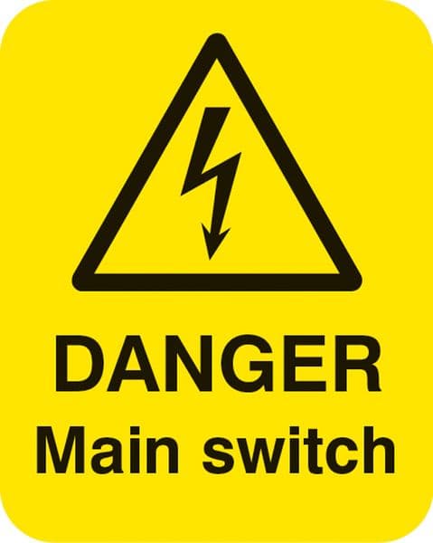 54057 Danger main switch Sheet of 25 labels 40x50mm 40x50mm Safety Sign