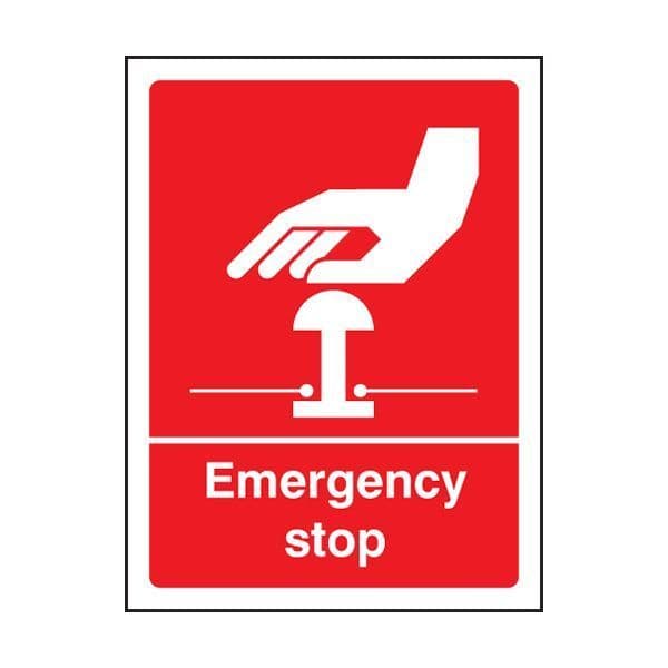 86005E Emergency stop white/red sign - Quick-Fix with SAV Backing 200x150mm