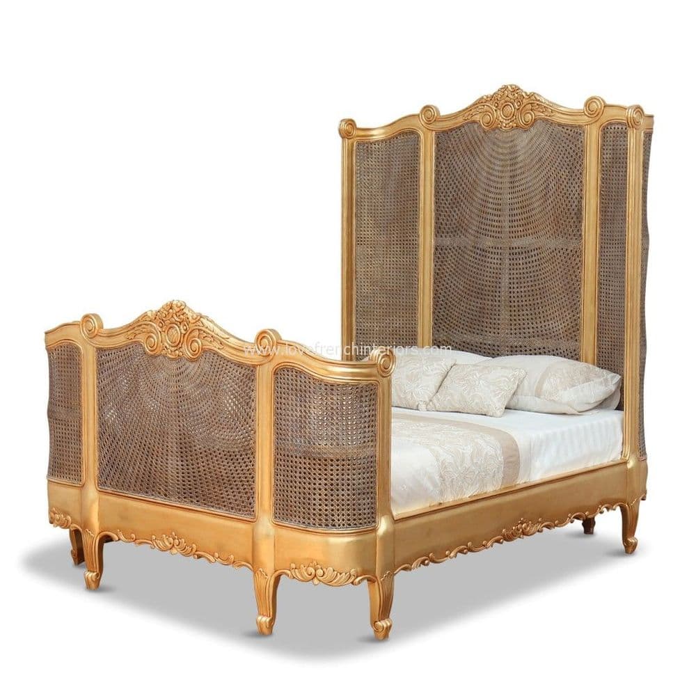French Rattan Bed with High Headboard