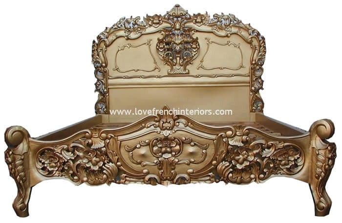 Rococo Ornately Carved French Bed in Antique Gold