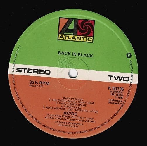 AC/DC Back In Black Vinyl Record LP Atlantic 1980