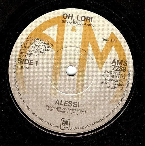 ALESSI Oh Lori Vinyl Record 7 Inch A&M 1976