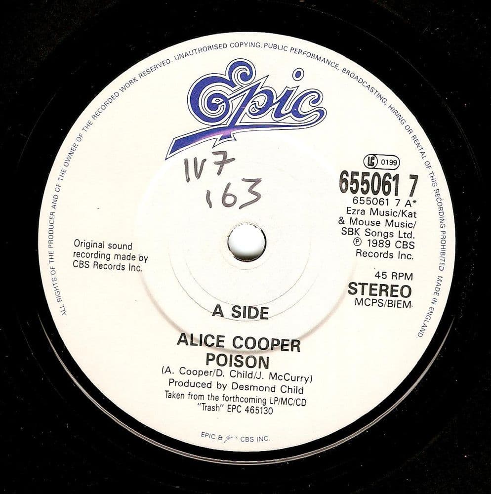 ALICE COOPER Poison Vinyl Record 7 Inch Epic 1989