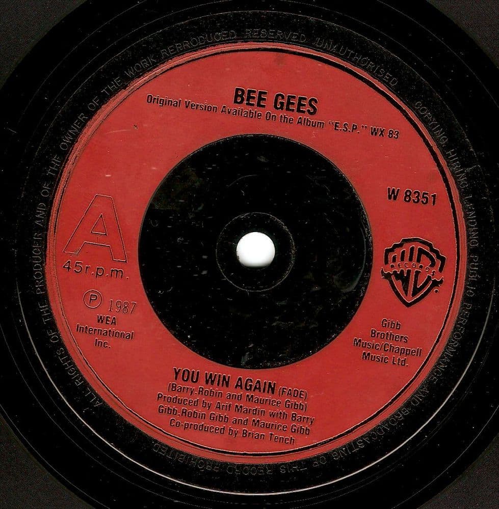 BEE GEES You Win Again Vinyl Record 7 Inch Warner Bros 1987