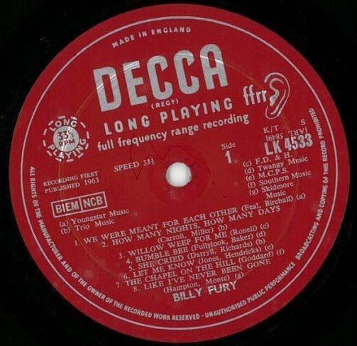 BILLY FURY Billy Vinyl Record LP Decca 1963