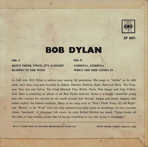 BOB DYLAN Dylan EP Vinyl Record 7 Inch CBS 1965