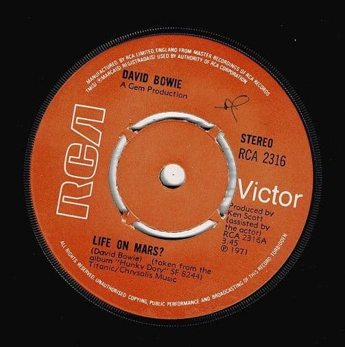 DAVID BOWIE Life On Mars Vinyl Record 7 Inch RCA Victor 1973