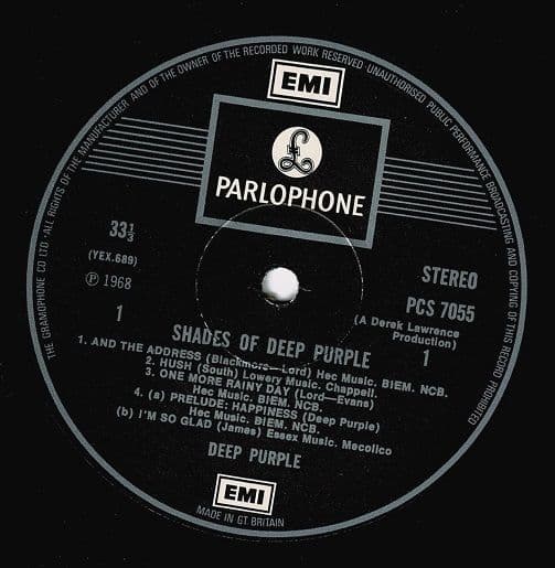 DEEP PURPLE Shades Of Deep Purple Vinyl Record LP Parlophone 1971