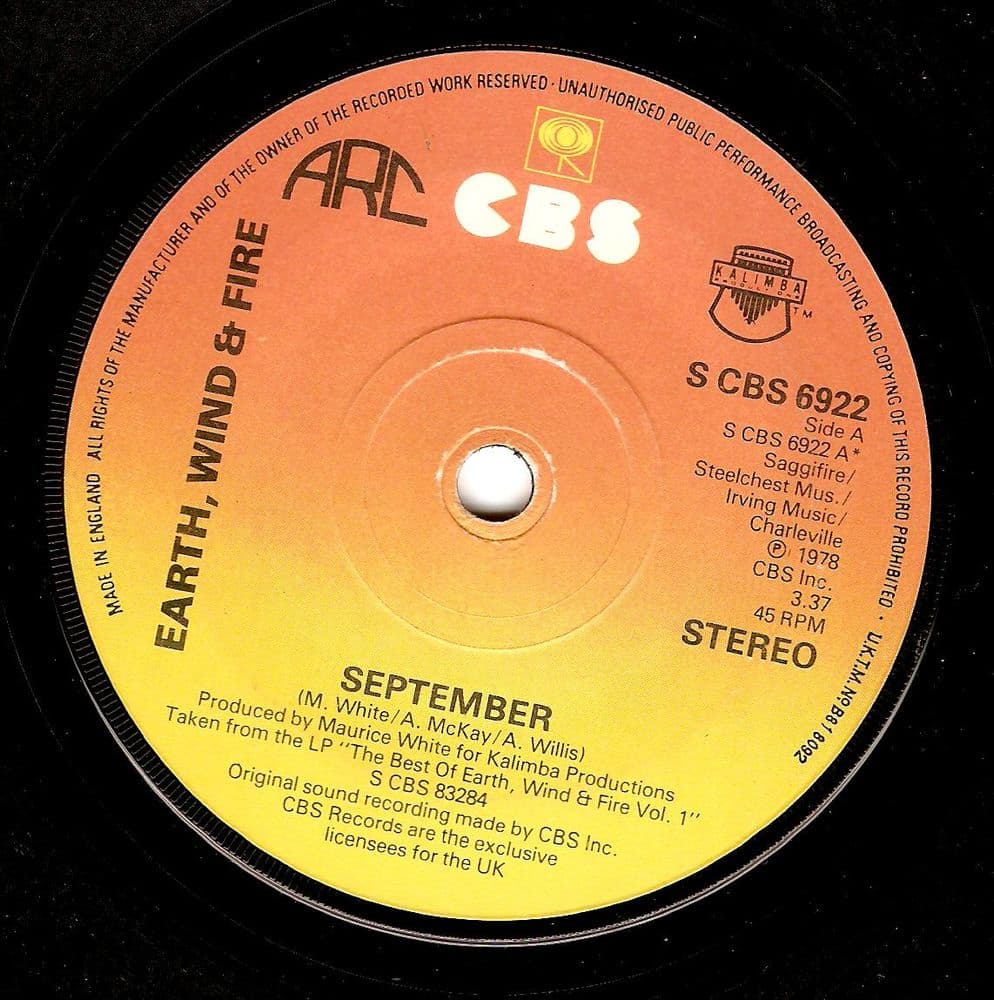 EARTH WIND AND FIRE September Vinyl Record 7 Inch CBS 1978
