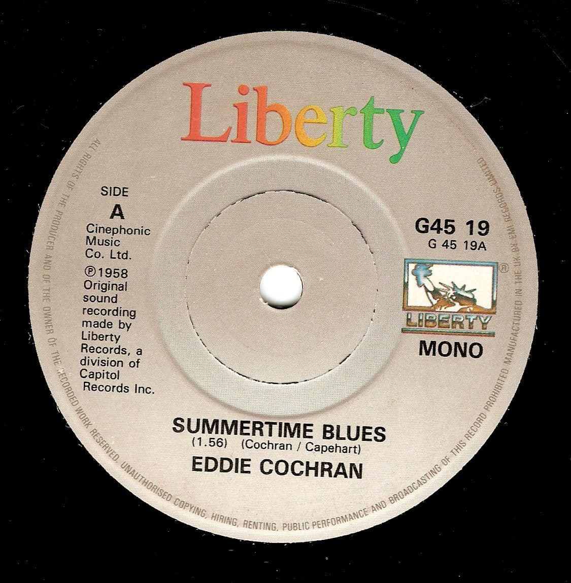 EDDIE COCHRAN Summertime Blues Vinyl Record 7 Inch Liberty 1984
