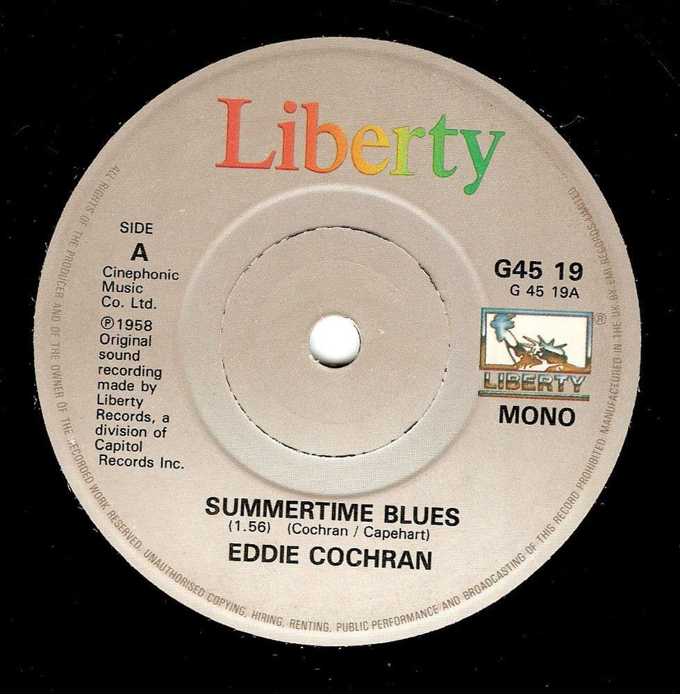 EDDIE COCHRAN Summertime Blues Vinyl Record 7 Inch Liberty 1984