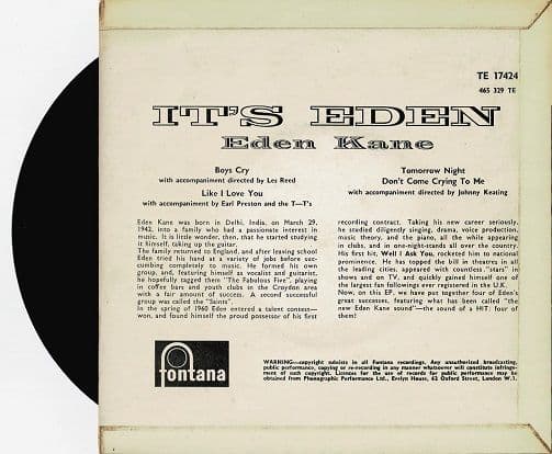 EDEN KANE It s Eden EP Vinyl Record 7 Inch Fontana 1964