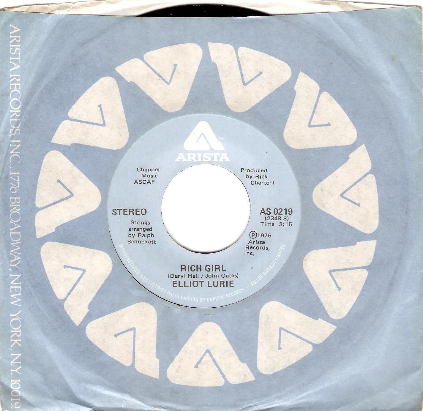 ELLIOT LURIE Rich Girl Vinyl Record 7 Inch Canadian Arista 1976