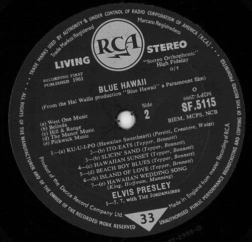 ELVIS PRESLEY Blue Hawaii Vinyl Record LP RCA 1961