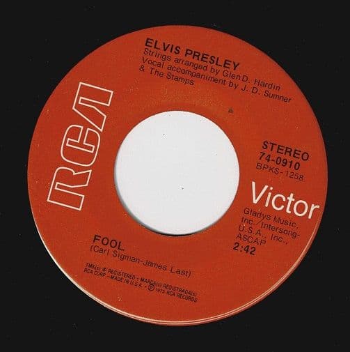 ELVIS PRESLEY Fool Vinyl Record 7 Inch US RCA Victor 1973