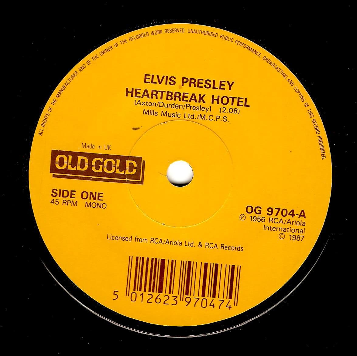 ELVIS PRESLEY Heartbreak Hotel Vinyl Record 7 Inch Old Gold 1987
