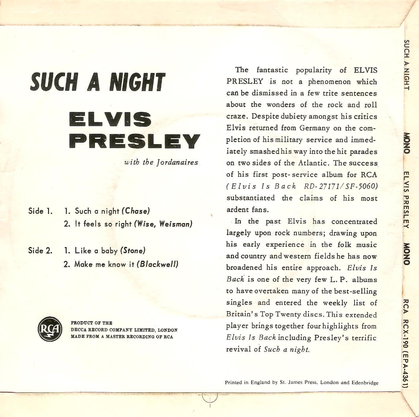 ELVIS PRESLEY Such A Night EP Vinyl Record 7 Inch RCA Victor 1963