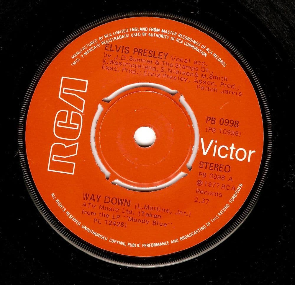 ELVIS PRESLEY Way Down Vinyl Record 7 Inch RCA Victor 1977