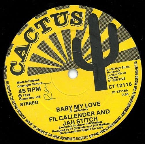 FIL CALLENDER AND JAH STITCH Baby My Love Vinyl Record 12 Inch Cactus 1978