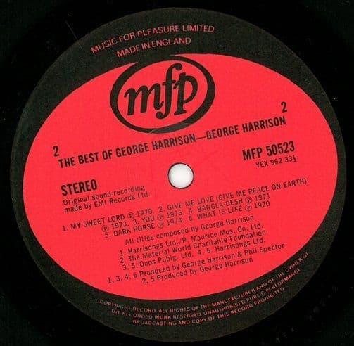 GEORGE HARRISON The Best Of George Harrison Vinyl Record LP MFP 1981
