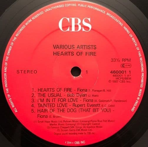 Hearts Of Fire - Original Motion Picture Soundtrack Vinyl Record LP CBS ...