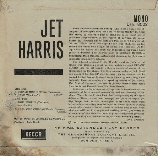 JET HARRIS Jet Harris EP Vinyl Record 7 Inch Indian Decca 1962